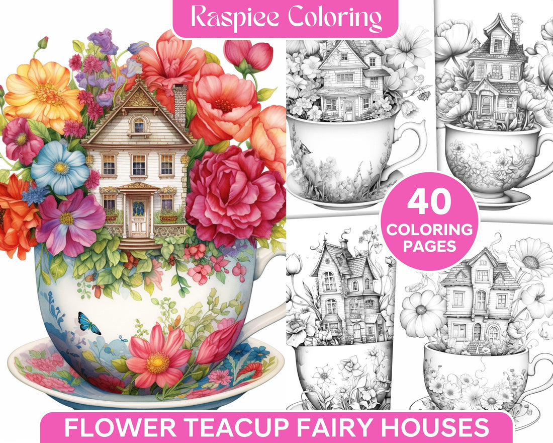 40 Flower Teacup Fairy Houses Grayscale Coloring Pages Printable for A