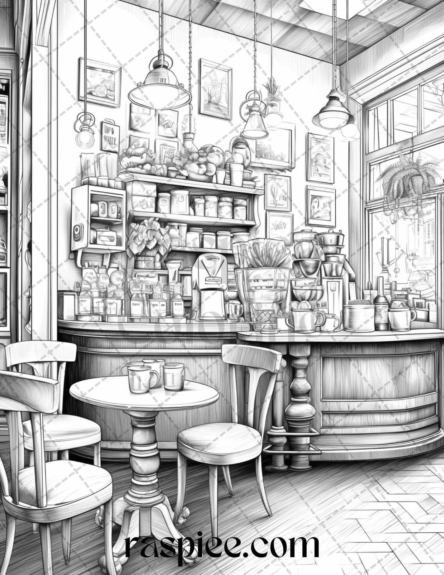 50 Cozy Coffee Shop Grayscale Coloring Pages Printable for Adults, PDF