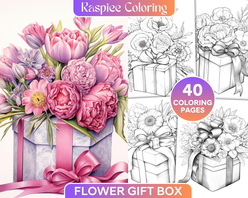 40 Flower Gift Box Grayscale Coloring Pages Printable for Adults Kids,