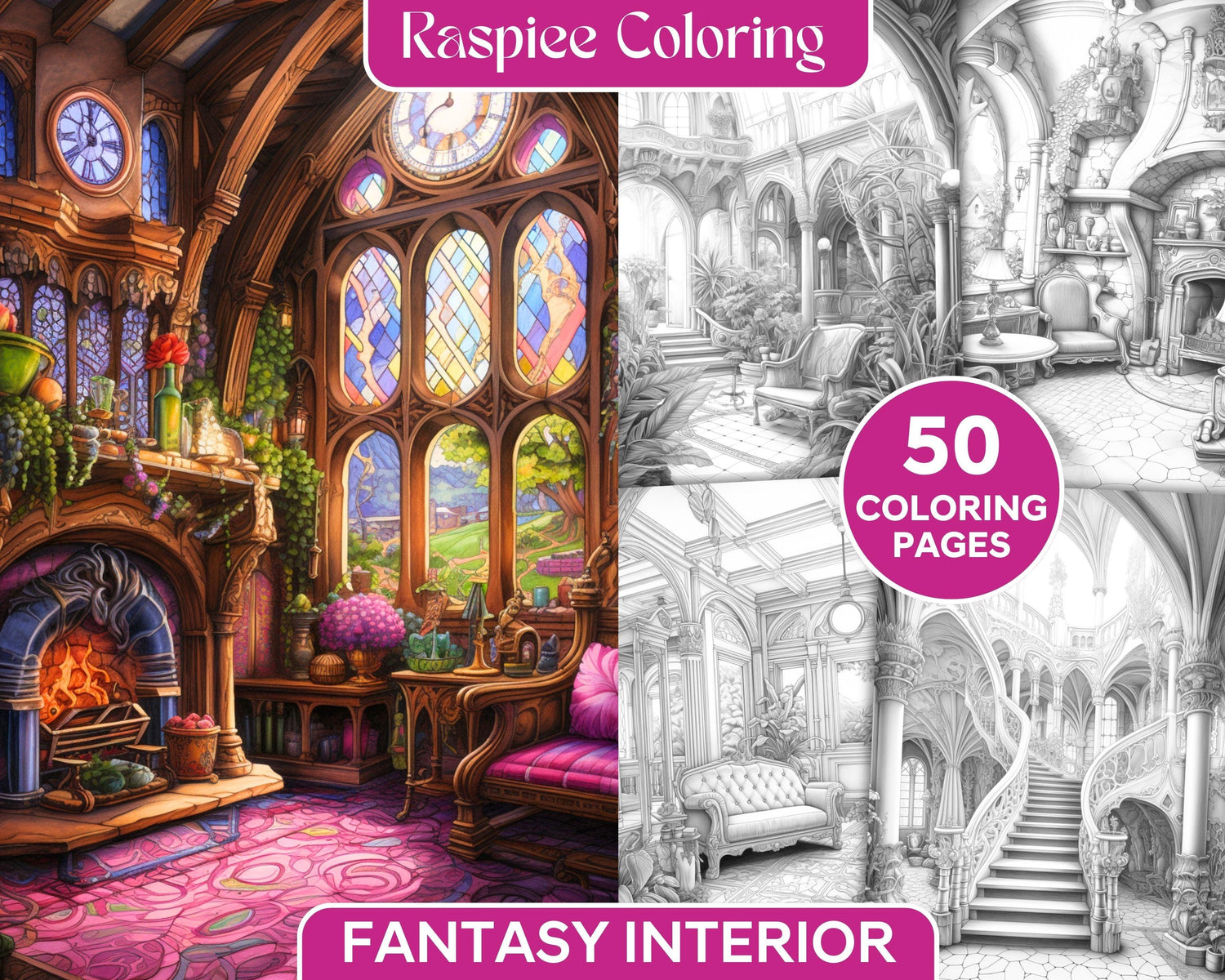 Fantasy Interior Grayscale Coloring Pages for Adults, Printable PDF Fi