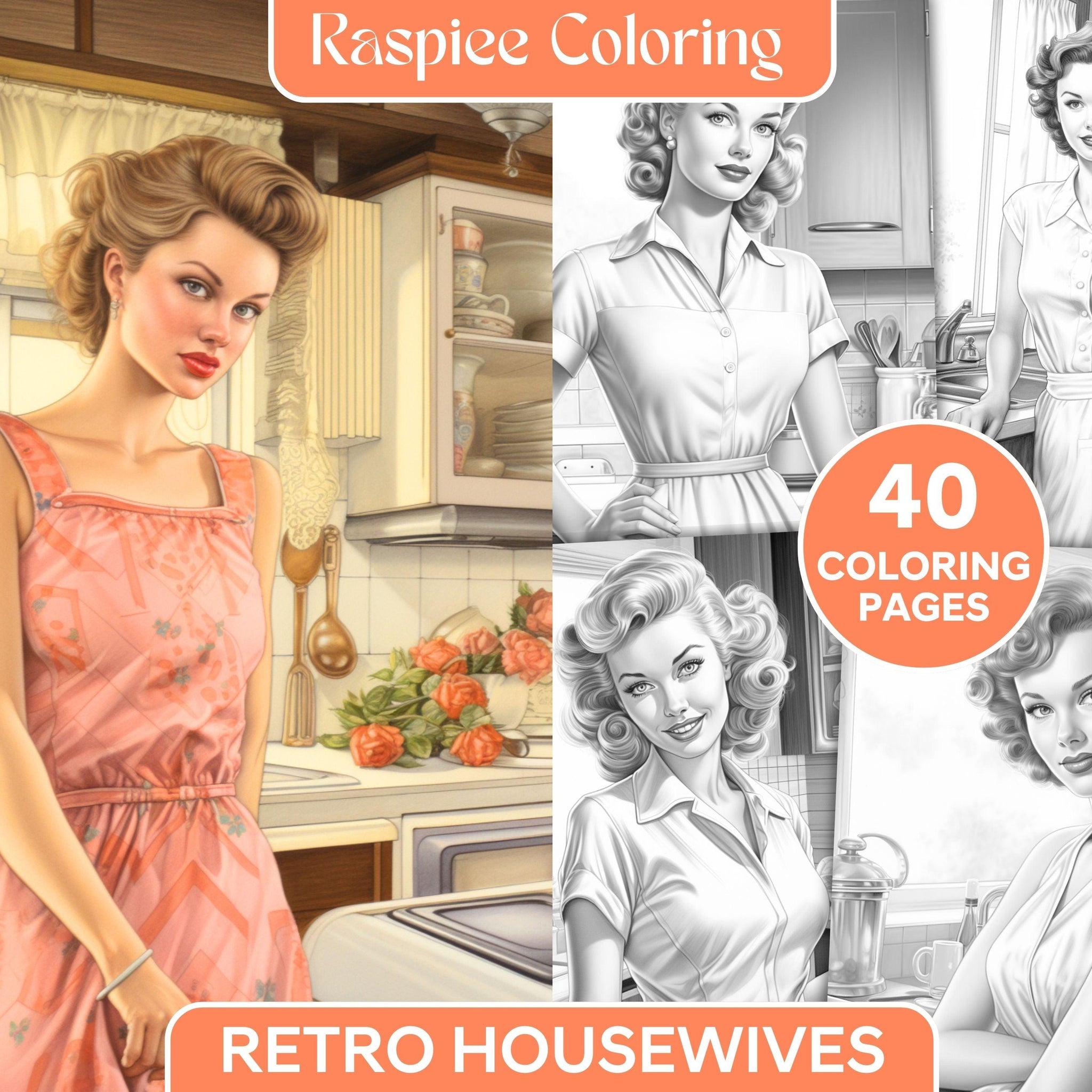40 Retro Housewives Grayscale Coloring Pages for Adults, Printable PDF