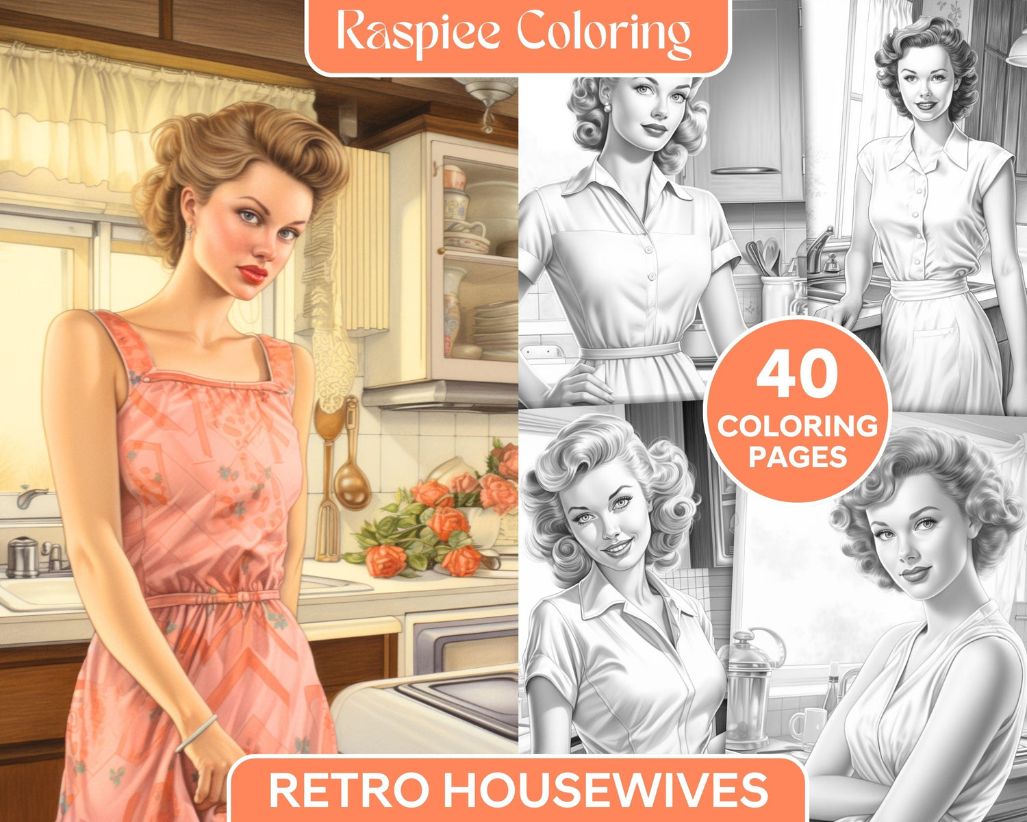 40 Retro Housewives Grayscale Coloring Pages for Adults, Printable PDF