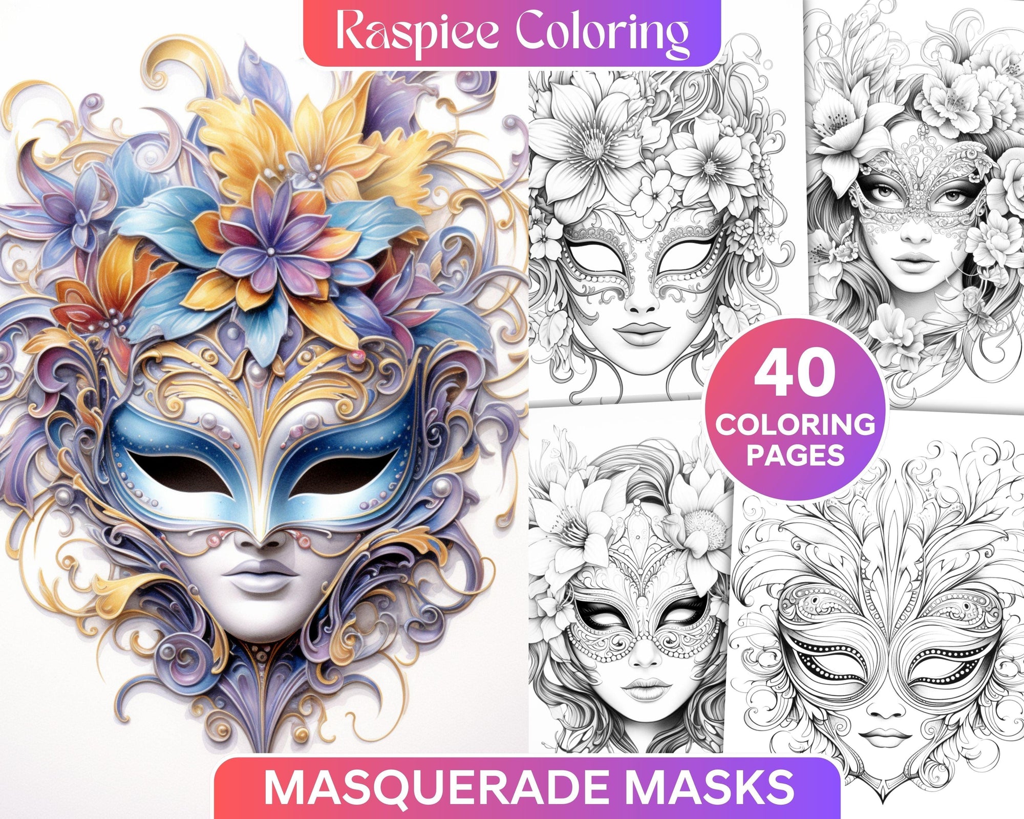 40 Masquerade Masks Grayscale Coloring Pages Printable for Adults, PDF