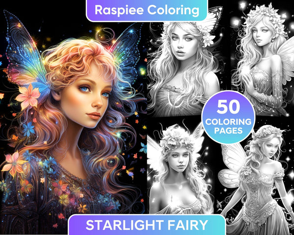 50 Starlight Fairy Grayscale Coloring Pages for Adults, Printable PDF