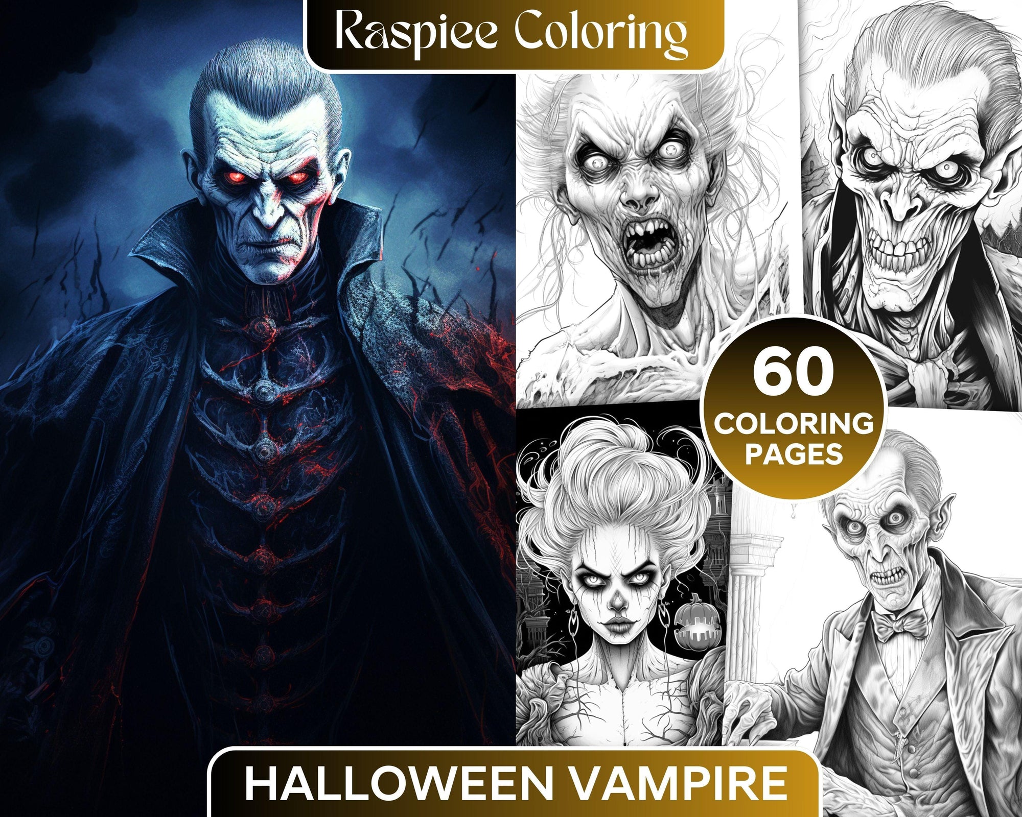 60 Halloween Vampire Grayscale Coloring Pages Printable for Adults, PD