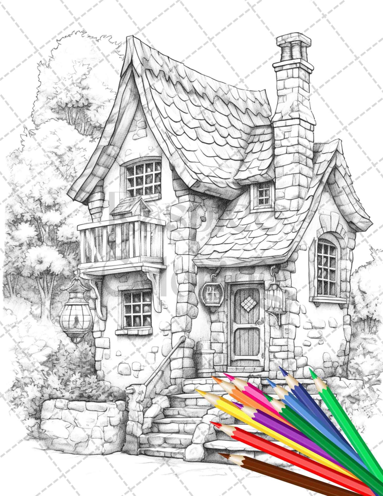 40 Stone Cottage Houses Grayscale Coloring Pages Printable for Adults,