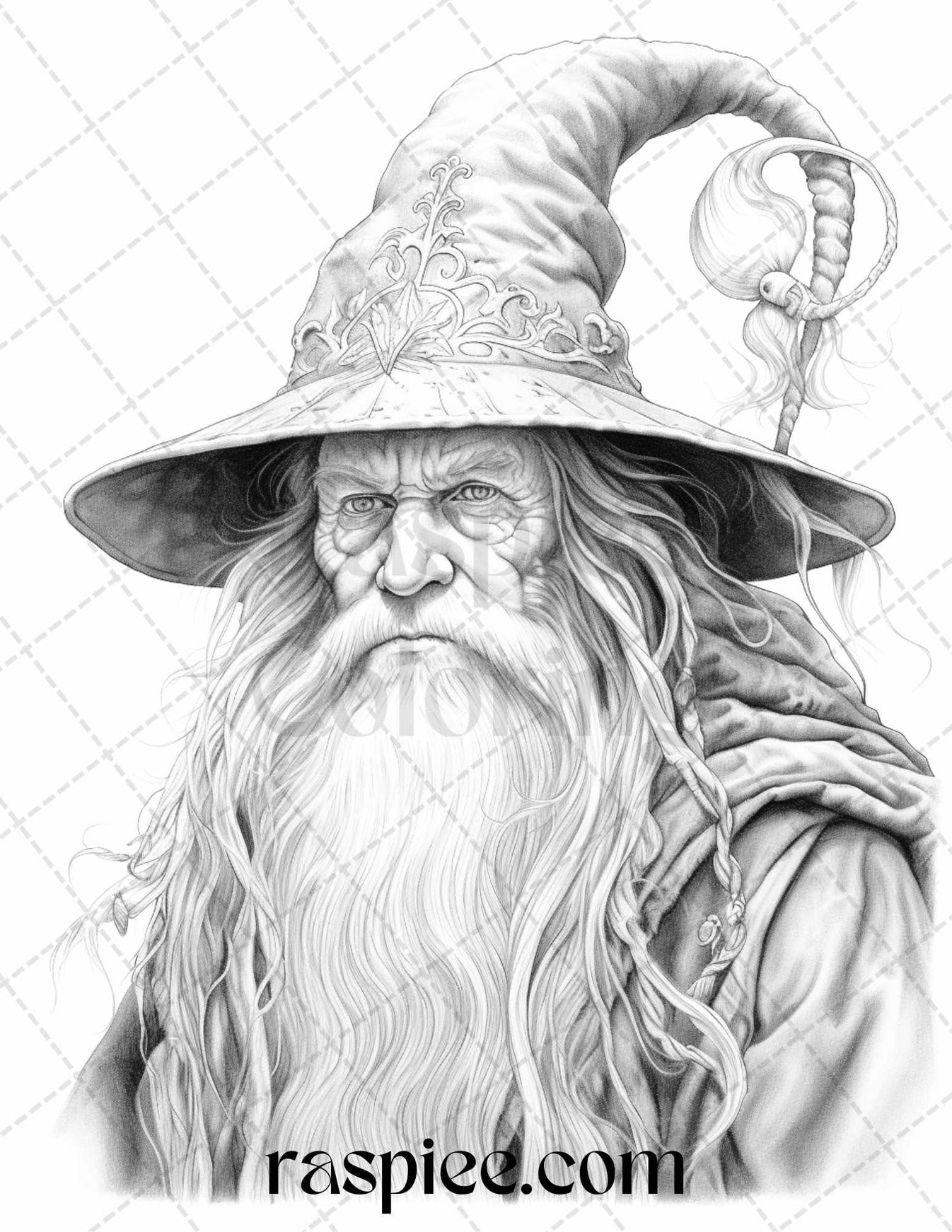 50 Magical Wizard Grayscale Coloring Pages for Adults, Printable PDF F