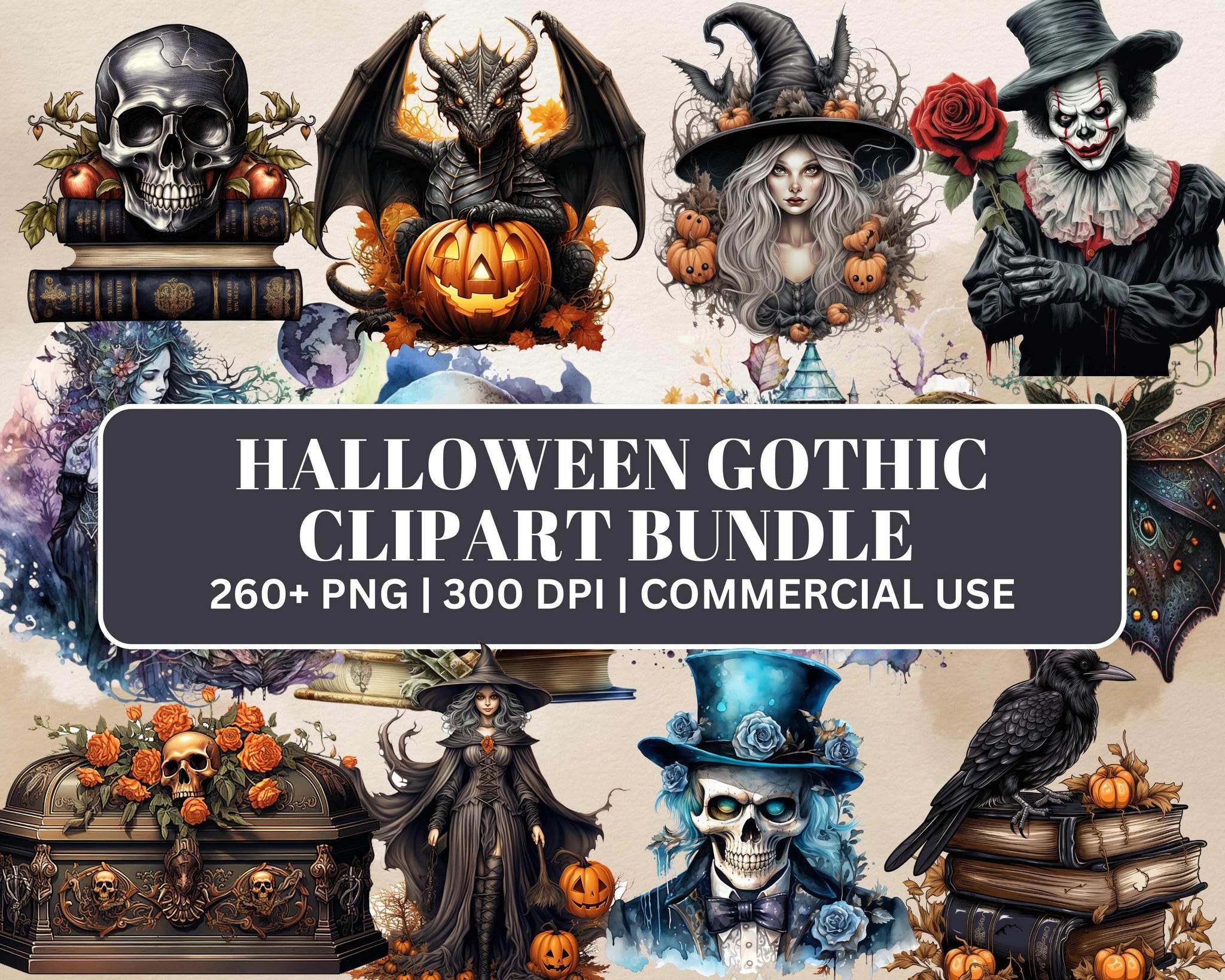 260+ PNG Watercolor Halloween Gothic Clipart Mega Bundle, Creepy Hallo ...