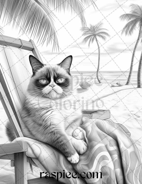 50 Grumpy Cat Grayscale Coloring Pages Printable for Adults, PDF File