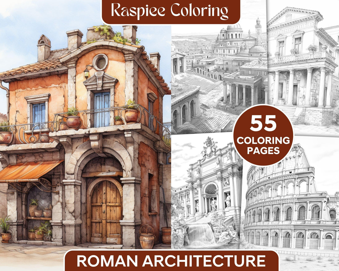 Roman Architecture Grayscale Coloring Pages Printable for Adults, PDF