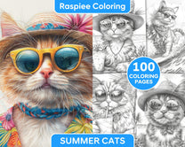 100 Summer Cats Grayscale Adult Coloring Pages, Printable PDF Instant ...