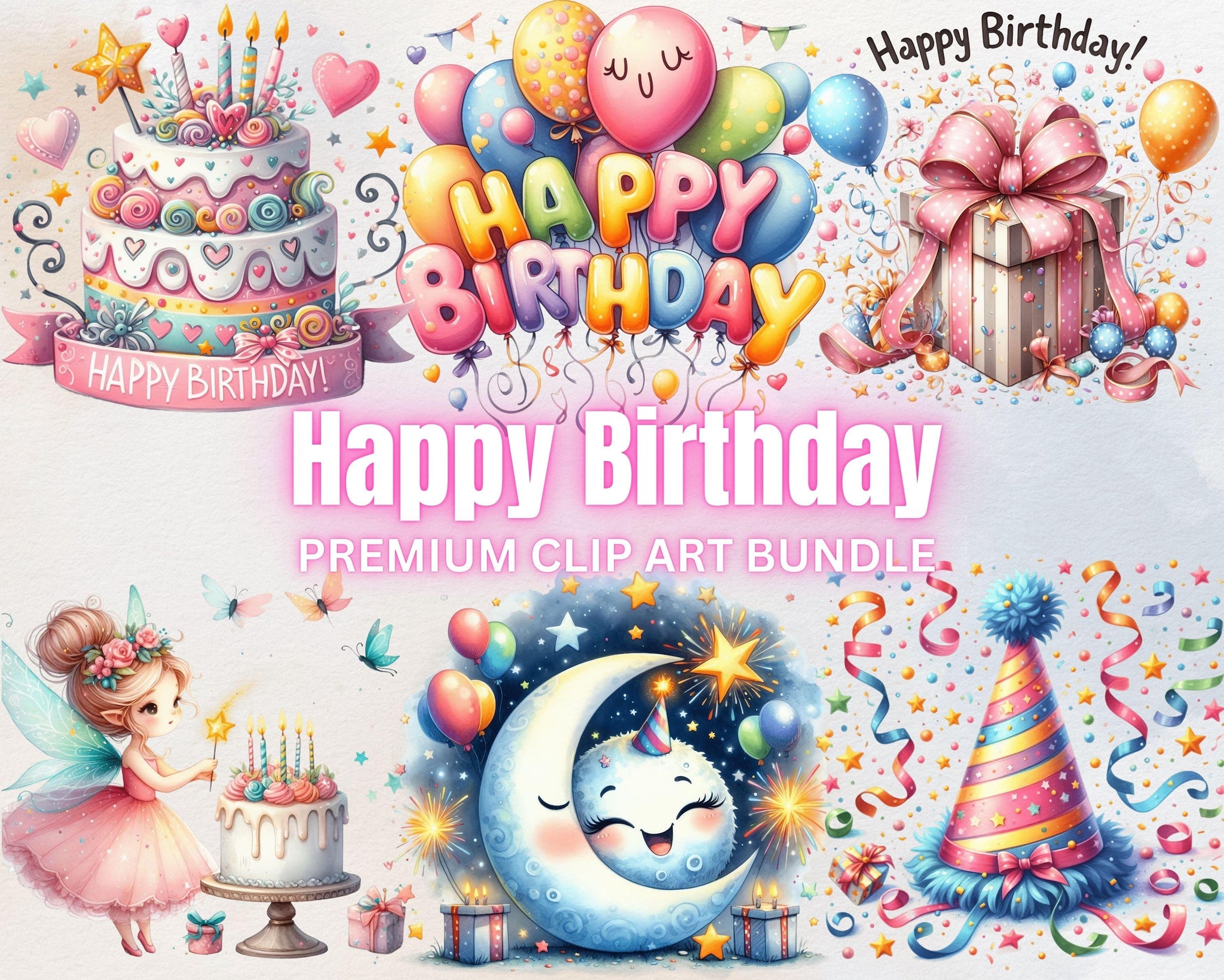 Watercolor Happy Birthday Clipart Bundle, 70 PNG High-Res Files for DI ...