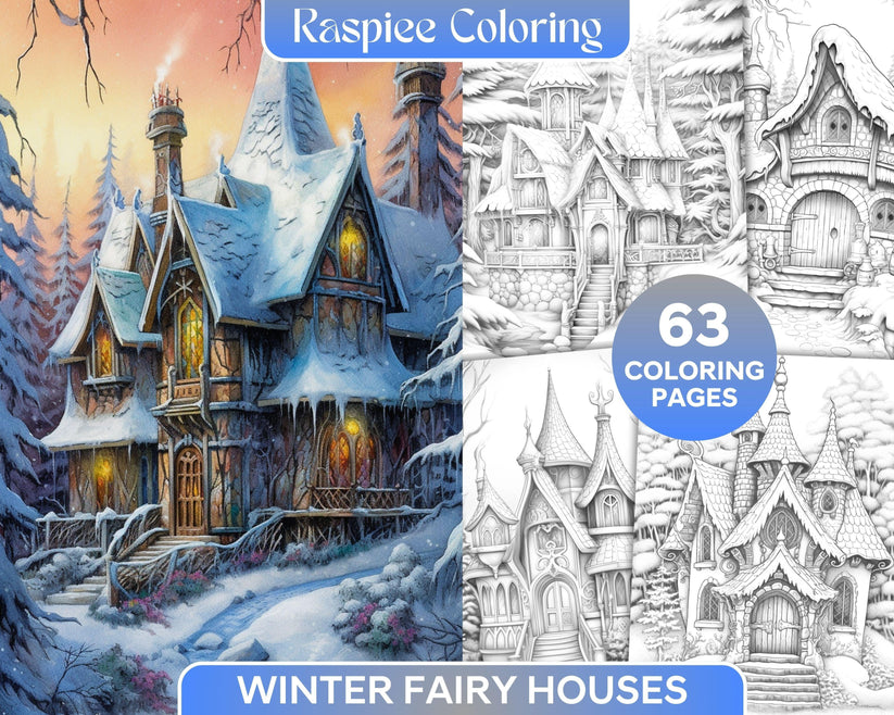 63 Winter Fairy Houses Grayscale Coloring Pages Printable for Adults,