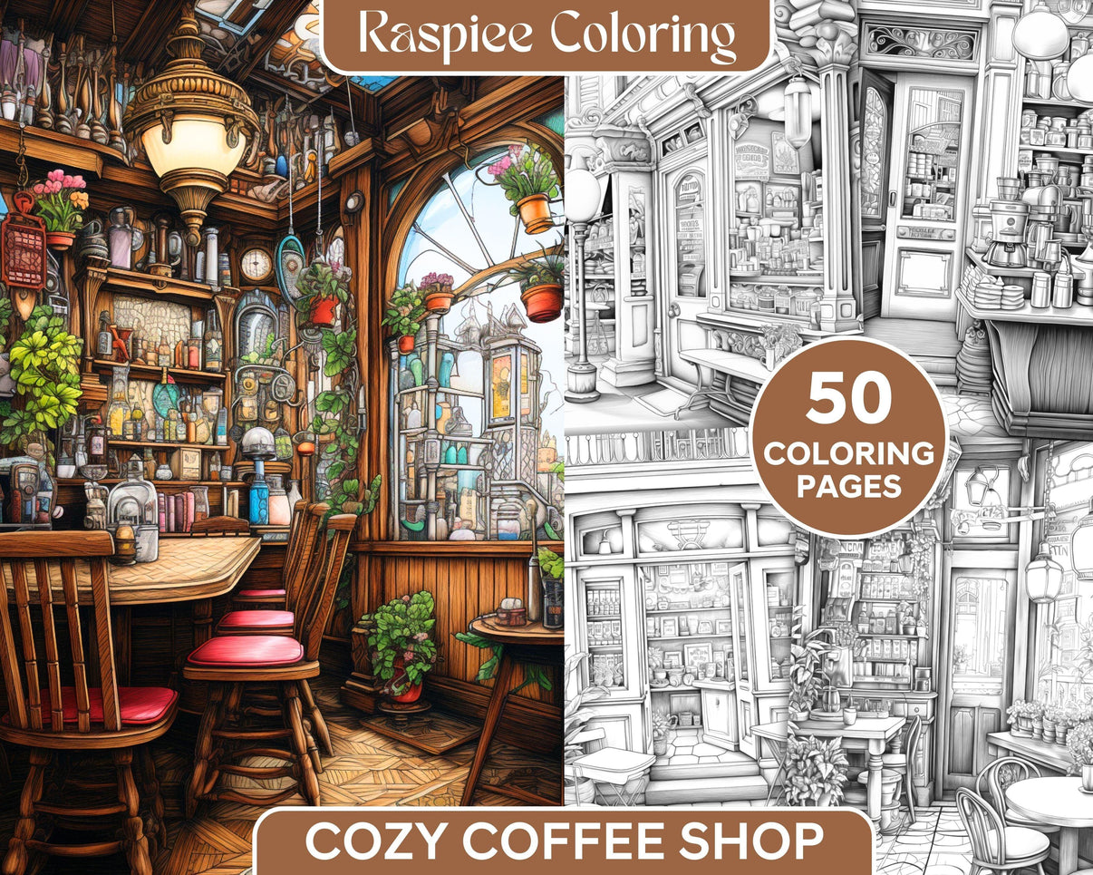 50 Cozy Coffee Shop Grayscale Coloring Pages Printable for Adults, PDF