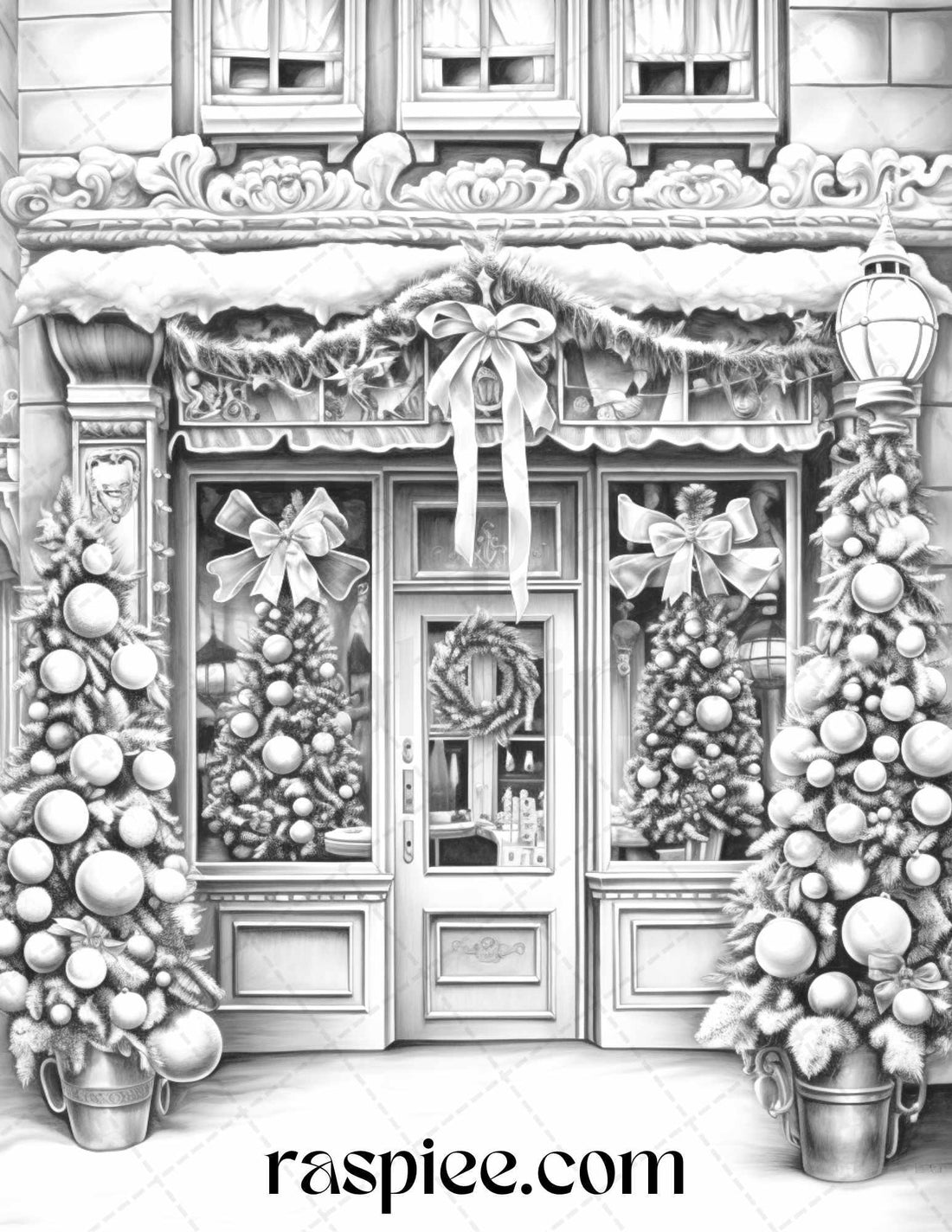 Christmas Store Front Grayscale Coloring Pages for Adults, PDF Printab