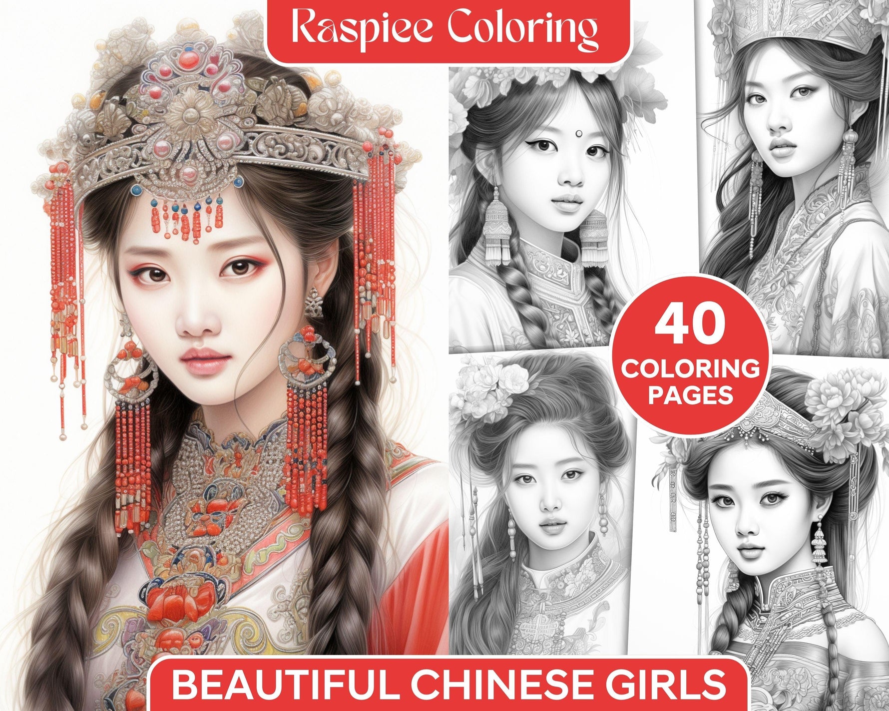 40 Beautiful Chinese Girls Grayscale Coloring Pages for Adults, Printa