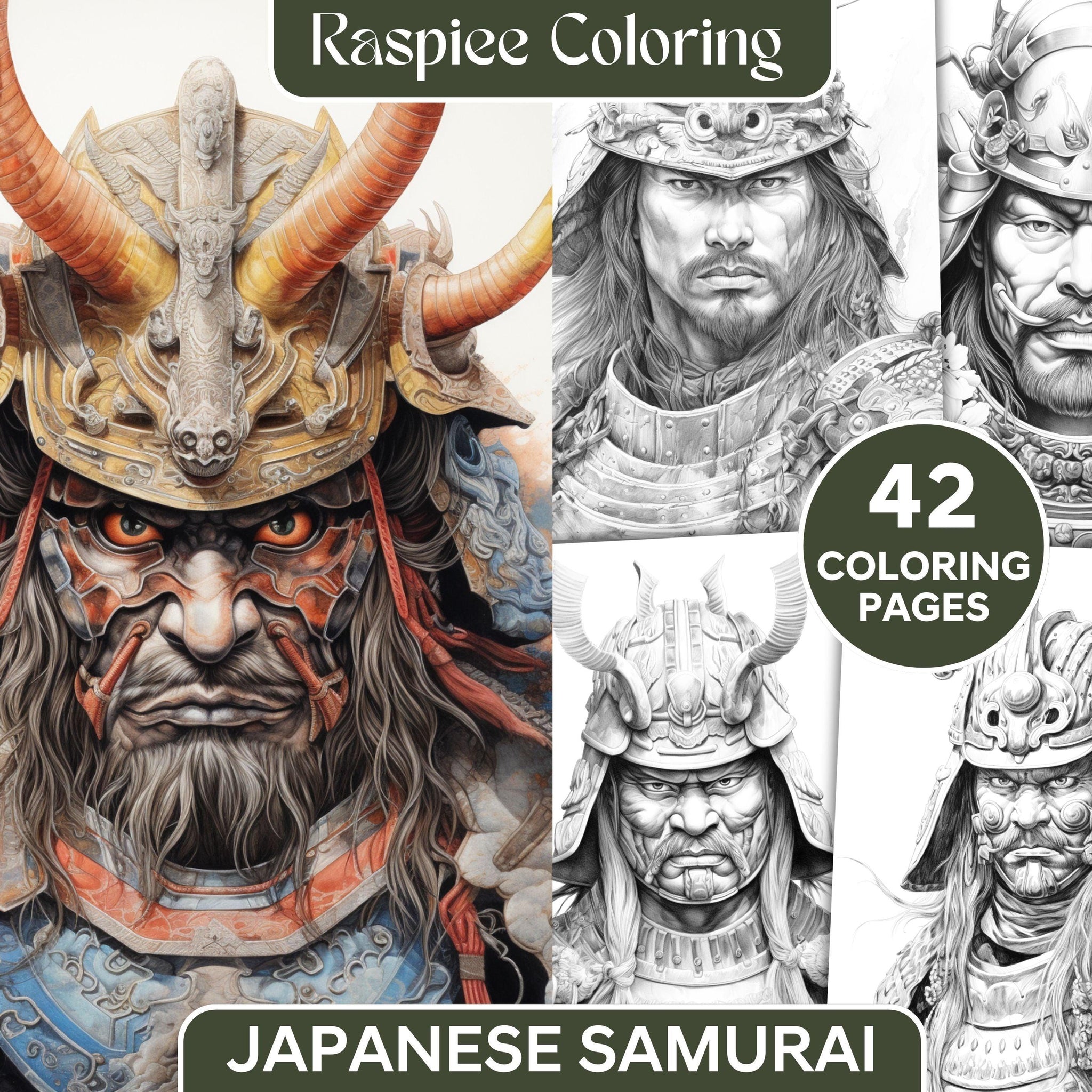 42 Japanese Samurai Grayscale Coloring Pages for Adults, Printable PDF