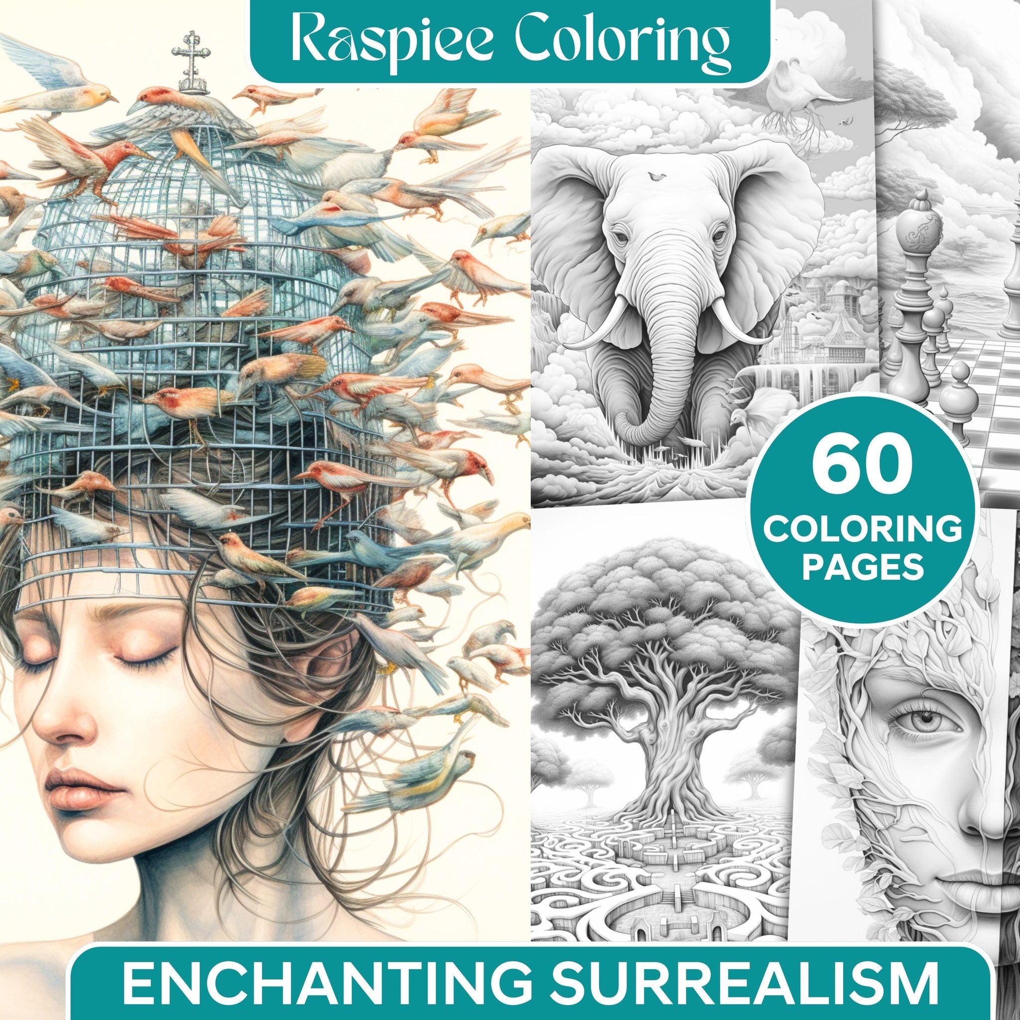 60 Enchanting Surrealism Grayscale Coloring Pages Printable for Adults