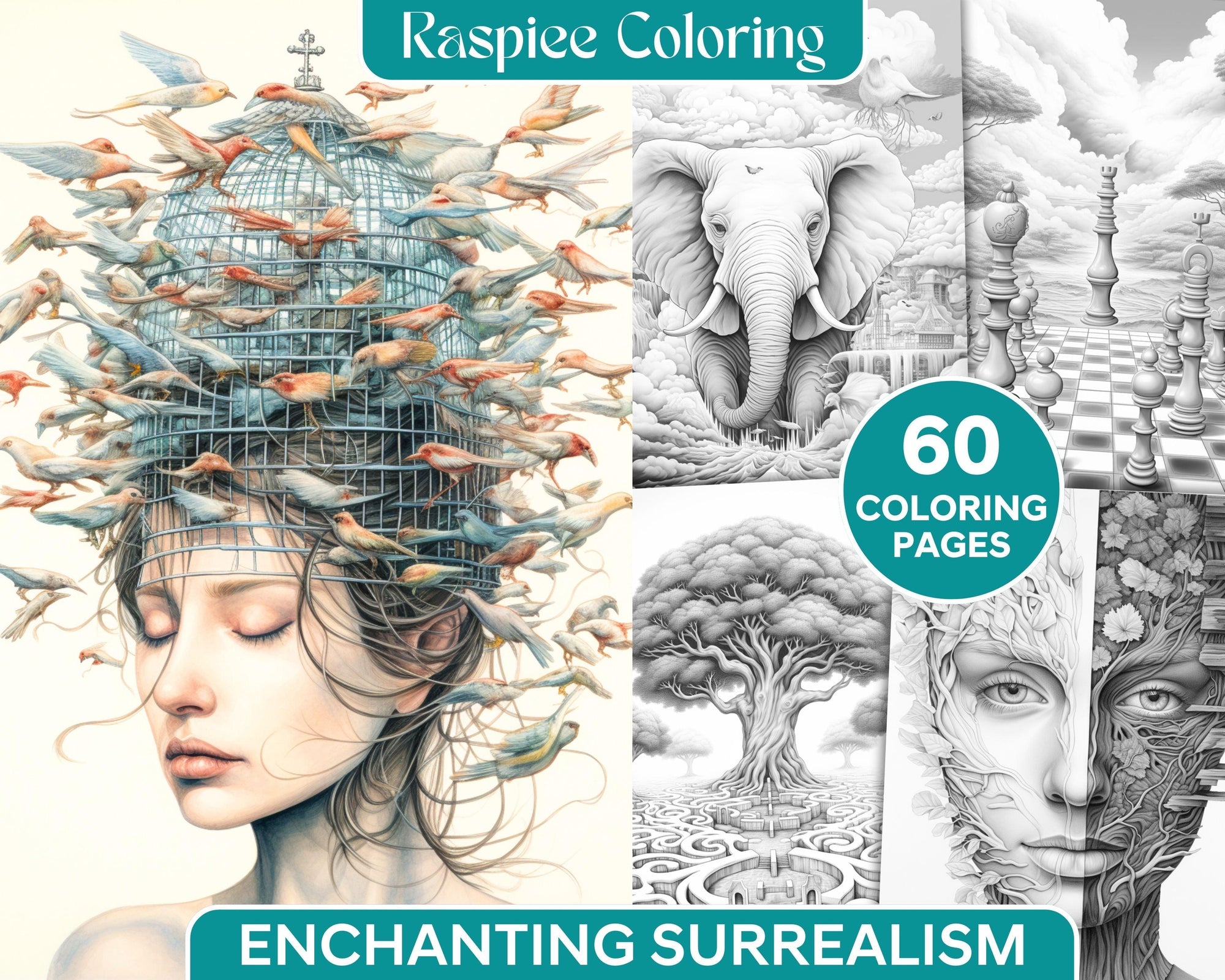 60 Enchanting Surrealism Grayscale Coloring Pages Printable for Adults