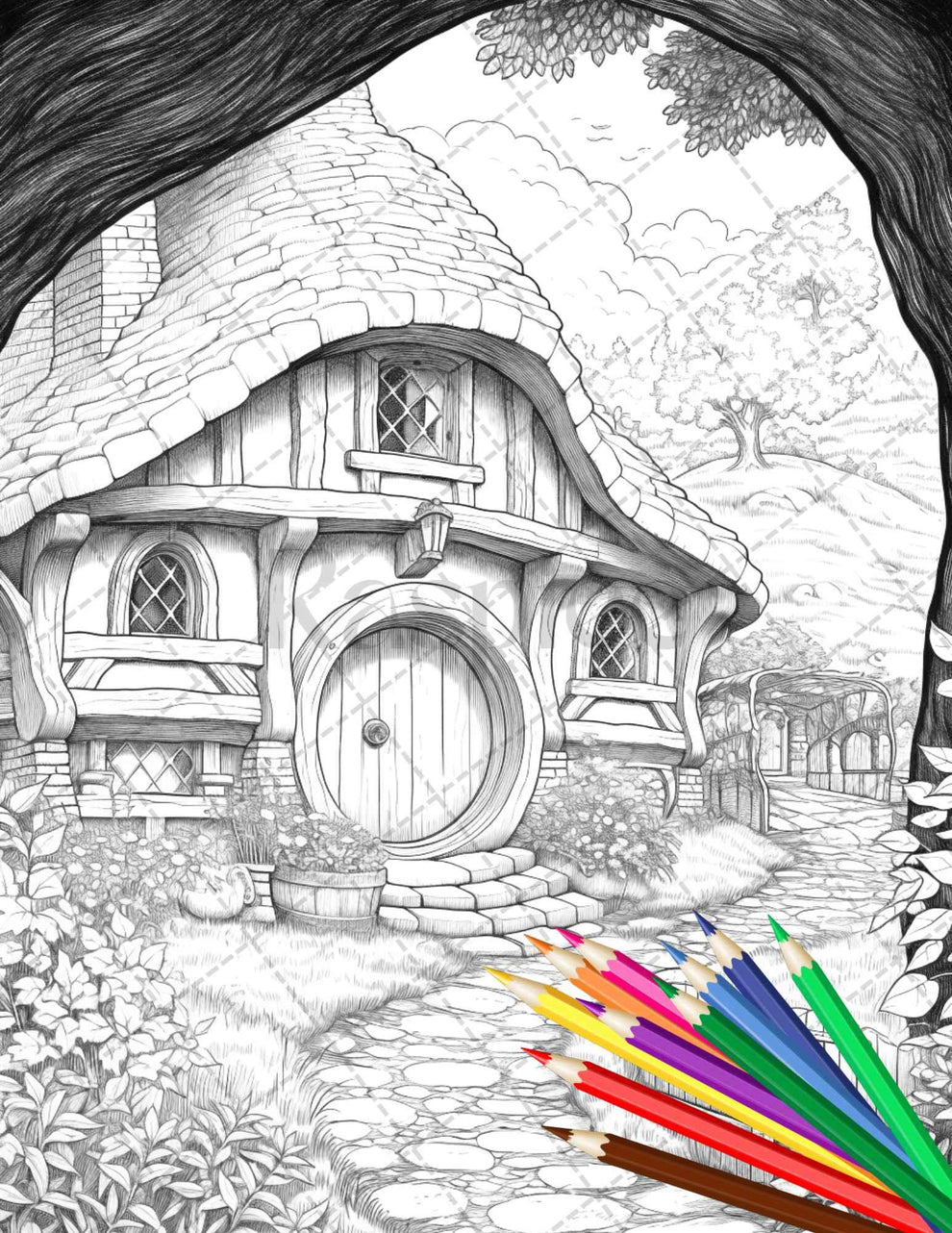 43 Enchanted Hobbiton Houses Grayscale Coloring Pages Printable for Ad