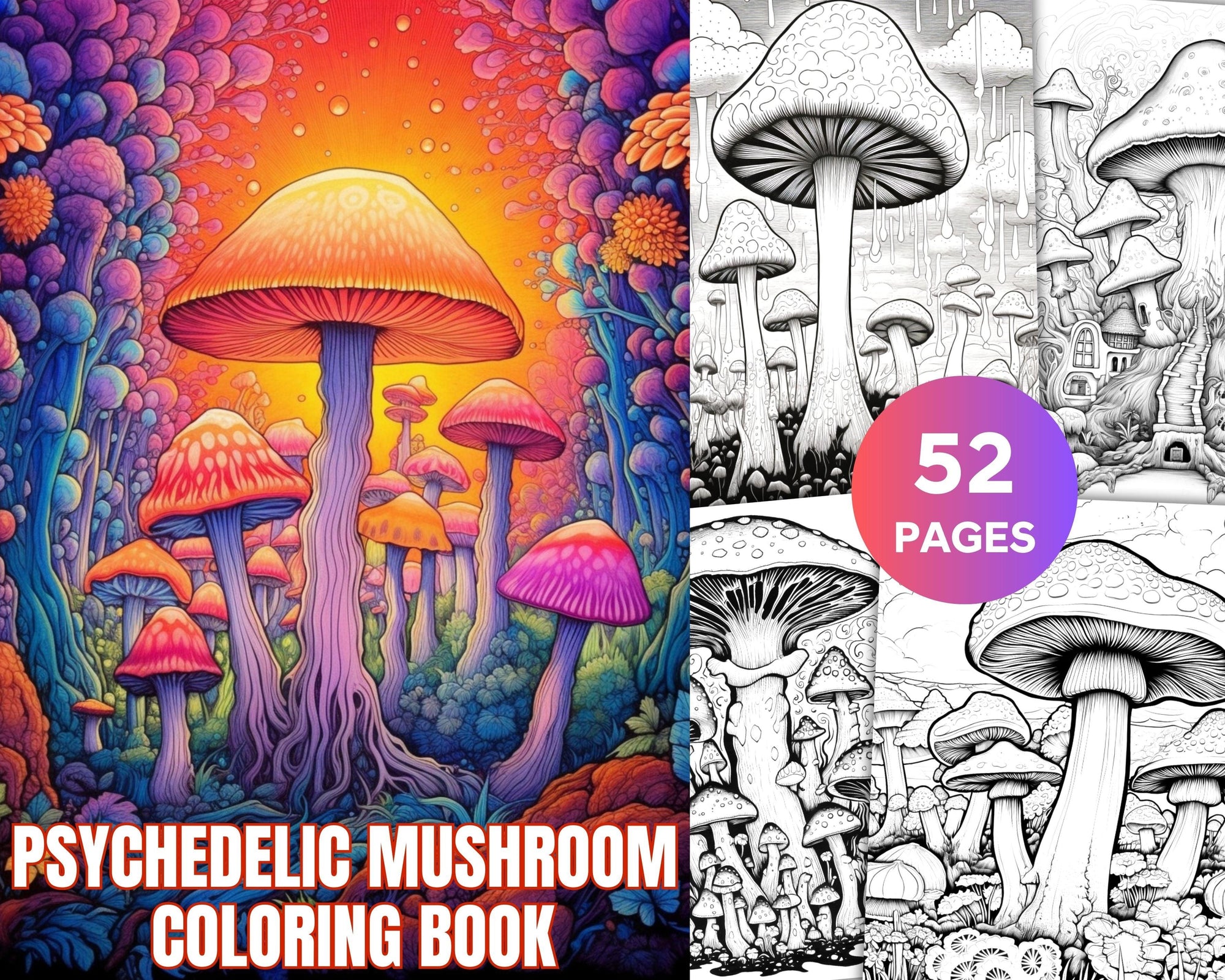 Psychedelic Mushroom Forest Coloring Book Printable for Adults, Trippy