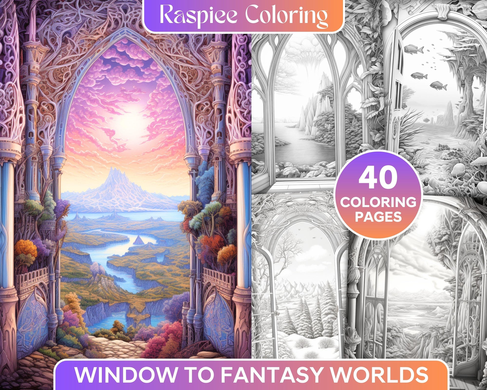 40 Window to Fantasy Worlds Grayscale Coloring Pages Printable for Adu