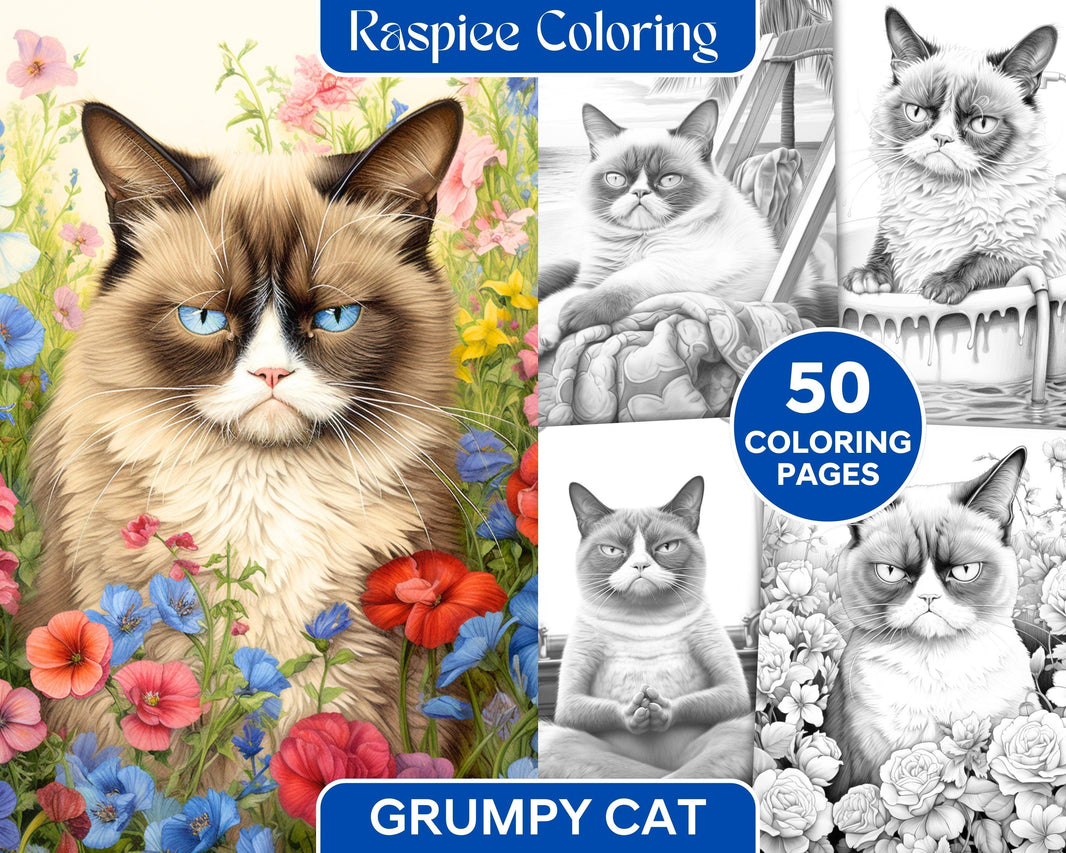 50 Grumpy Cat Grayscale Coloring Pages Printable for Adults, PDF File