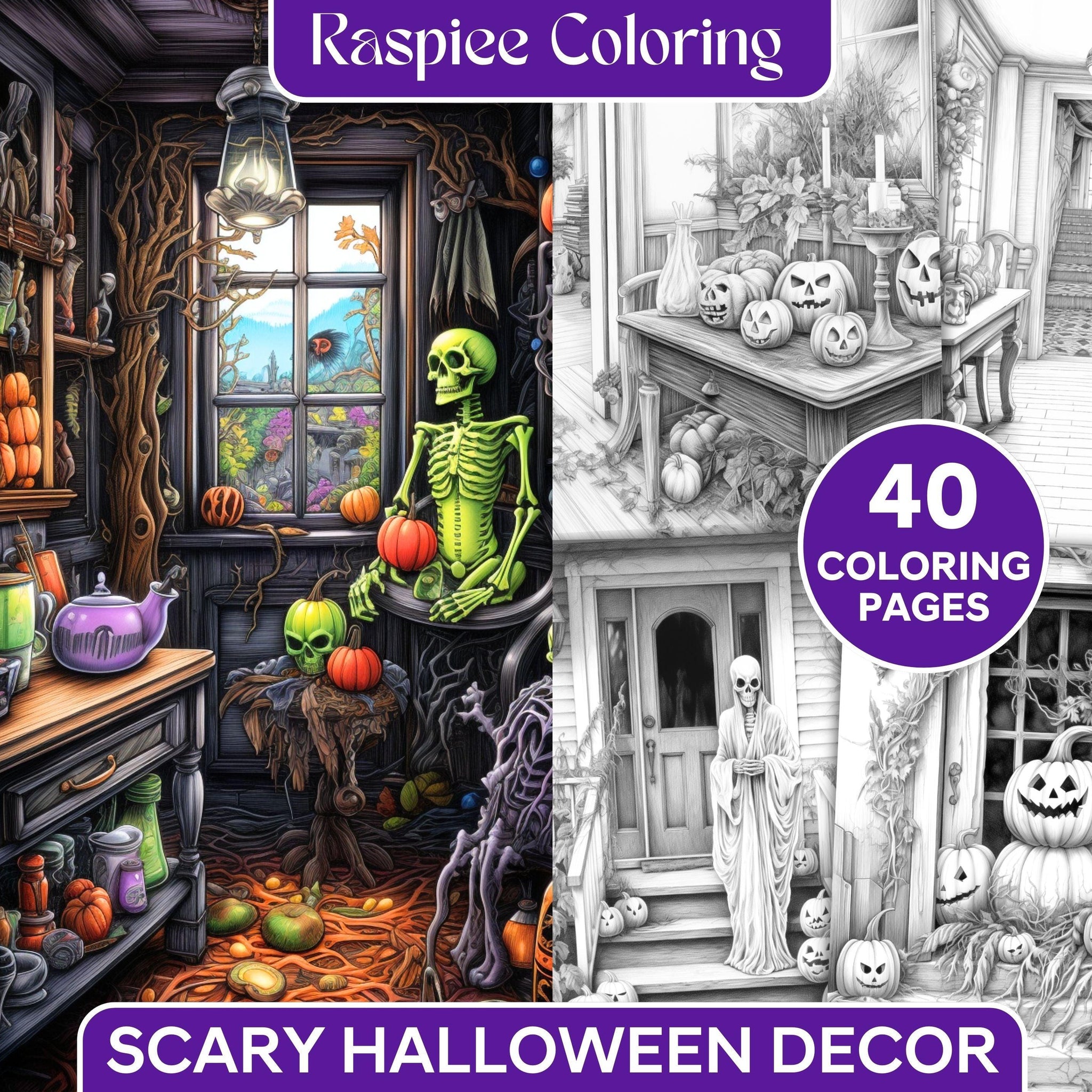 Spooky Halloween Home Decor: 40 Printable Grayscale Coloring Pages for