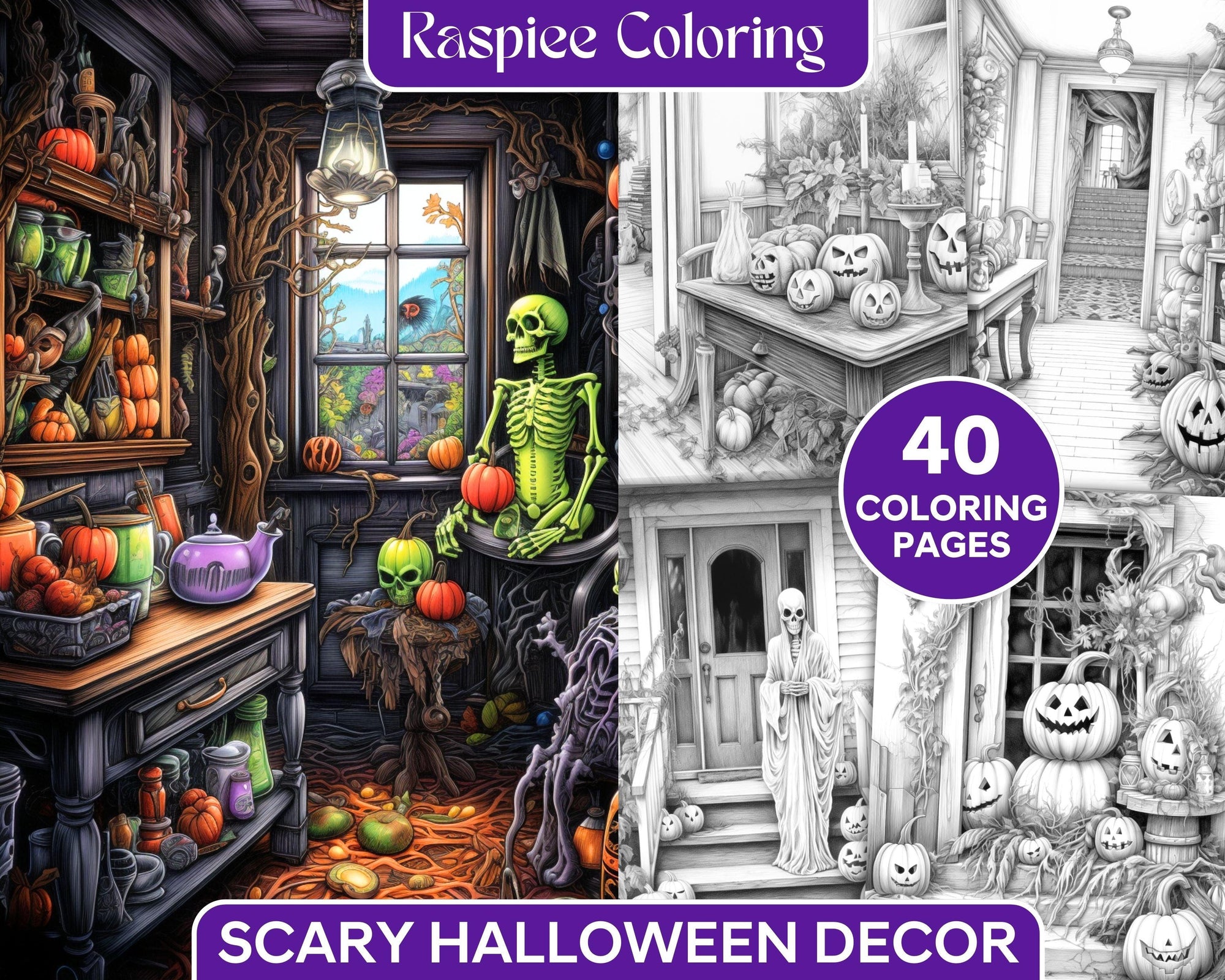 Spooky Halloween Home Decor: 40 Printable Grayscale Coloring Pages for