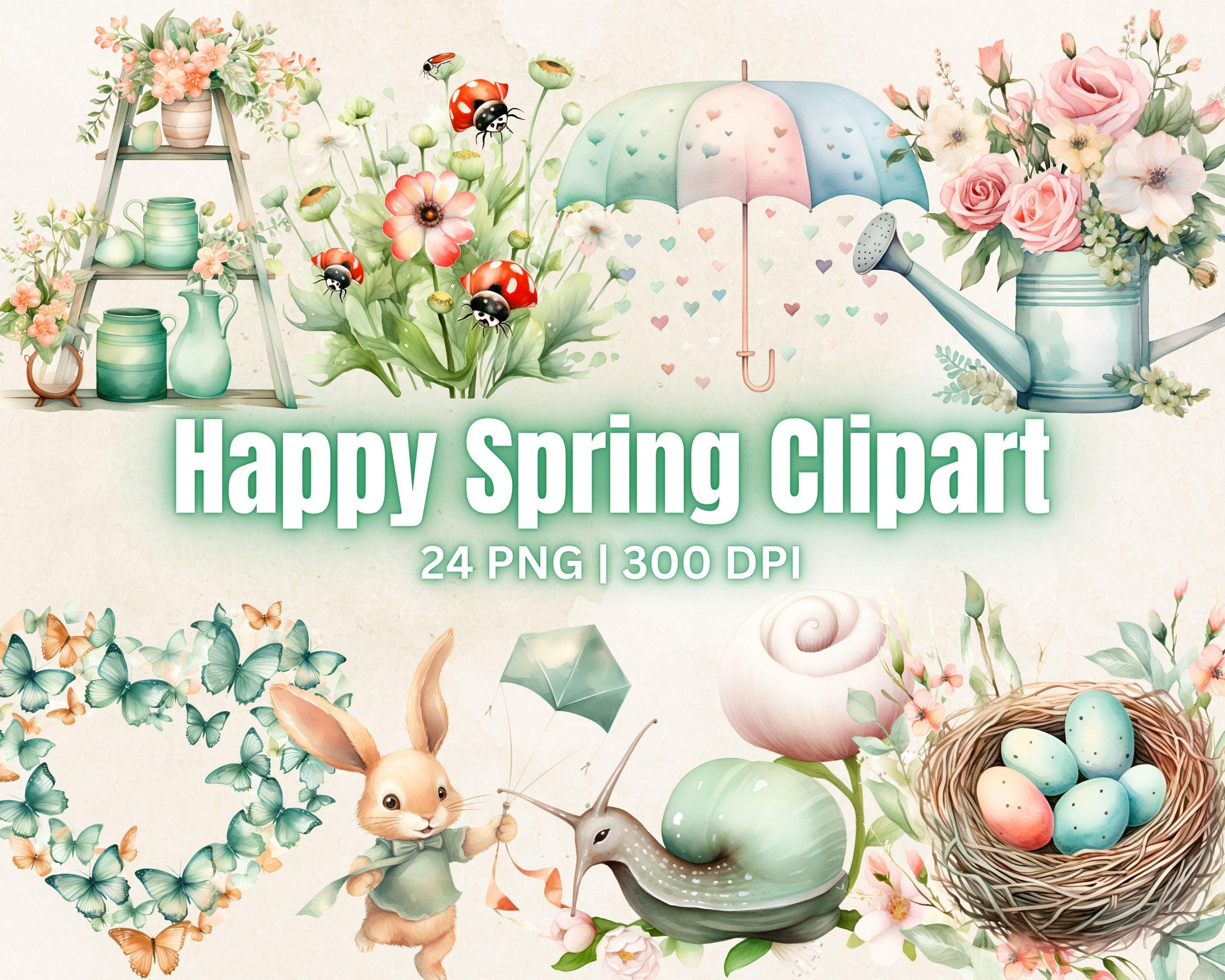Happy Spring Watercolor Clipart Bundle, 24 PNG High-Res Files for Comm ...