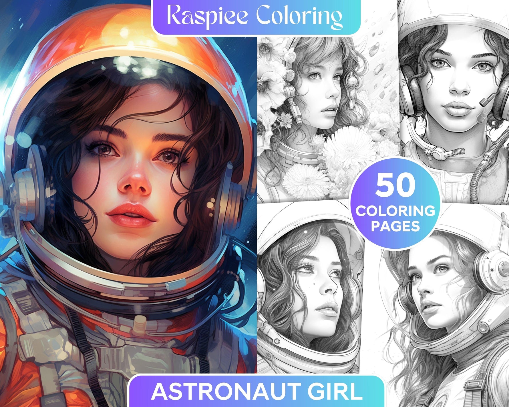 50 Astronaut Girl Portrait Grayscale Coloring Pages Printable for Adul