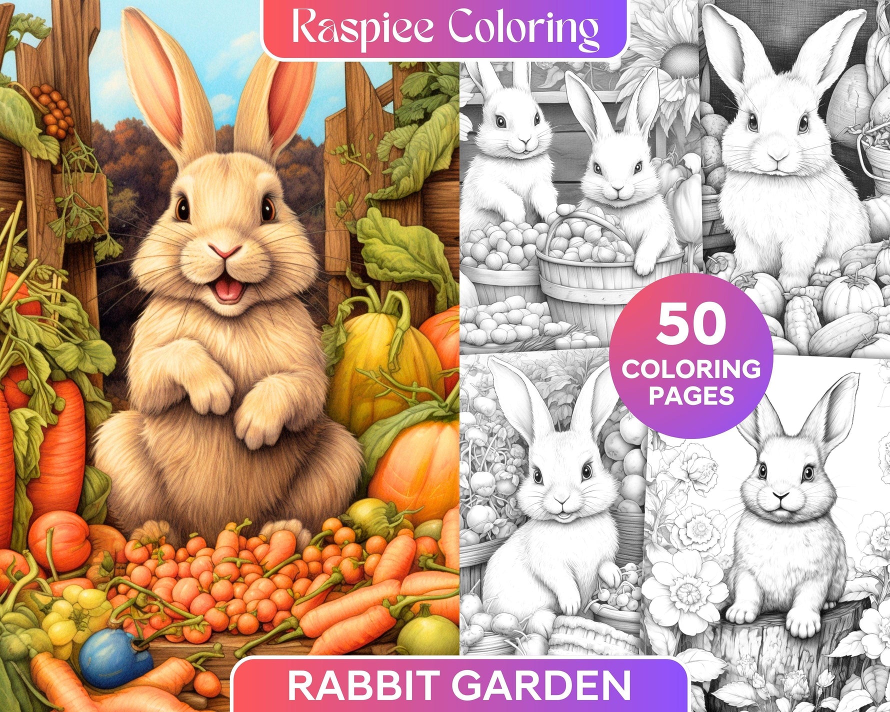50 Rabbit Garden Grayscale Coloring Pages Printable for Adults, PDF Fi