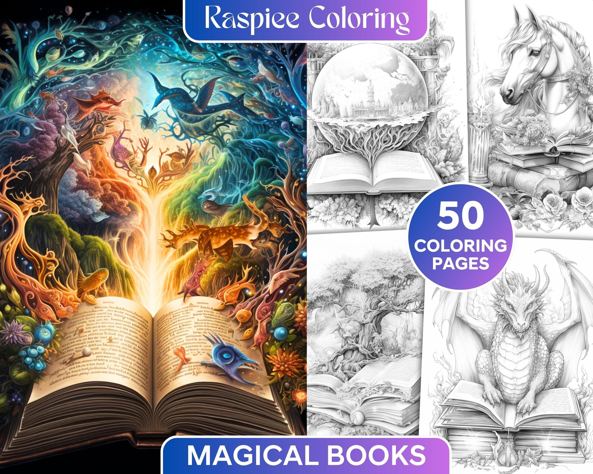 50 Magical Books Grayscale Coloring Pages Printable for Adults, PDF Fi