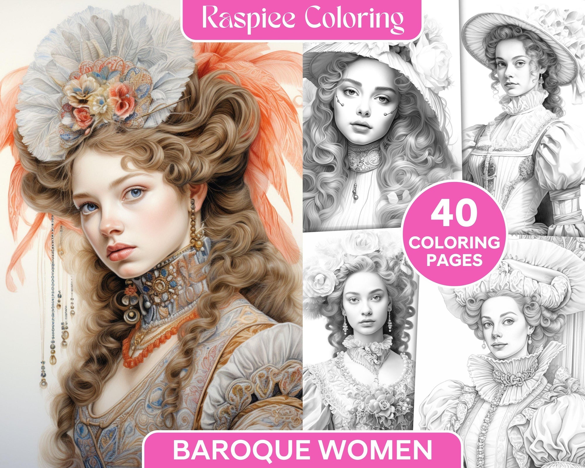 40 Baroque Women Portrait Grayscale Adult Coloring Pages Printable, PD