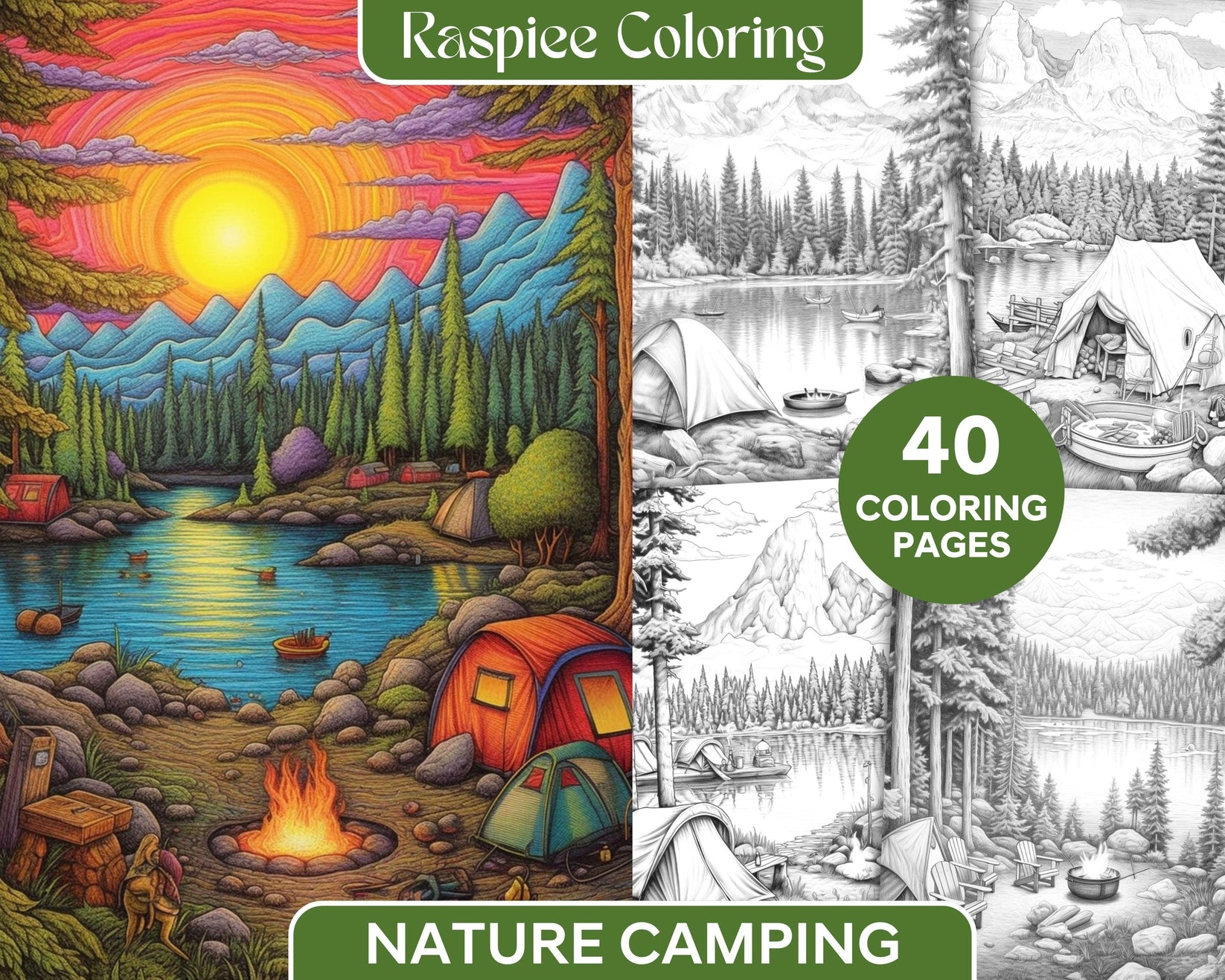 Nature Camping Grayscale Coloring Pages Printable, Relaxing Outdoor Sc