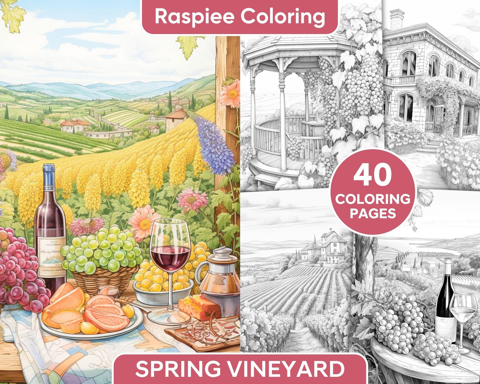40 Spring Vineyard Grayscale Adult Coloring Pages, Printable PDF Insta ...