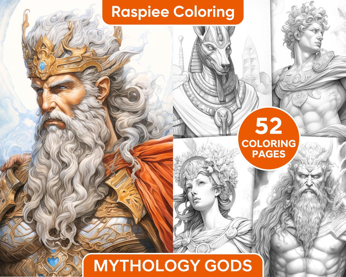 52 Mythology Gods Grayscale Coloring Pages for Adults, Printable PDF I