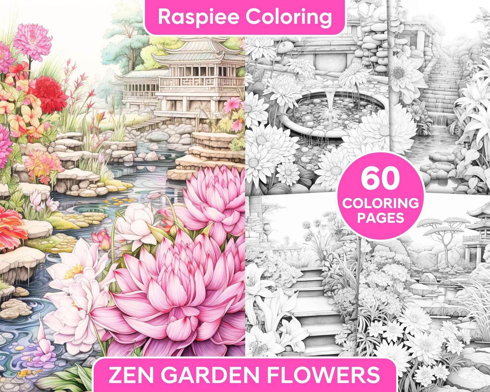 60 Zen Garden Flowers Grayscale Coloring Pages for Adults, Printable P ...