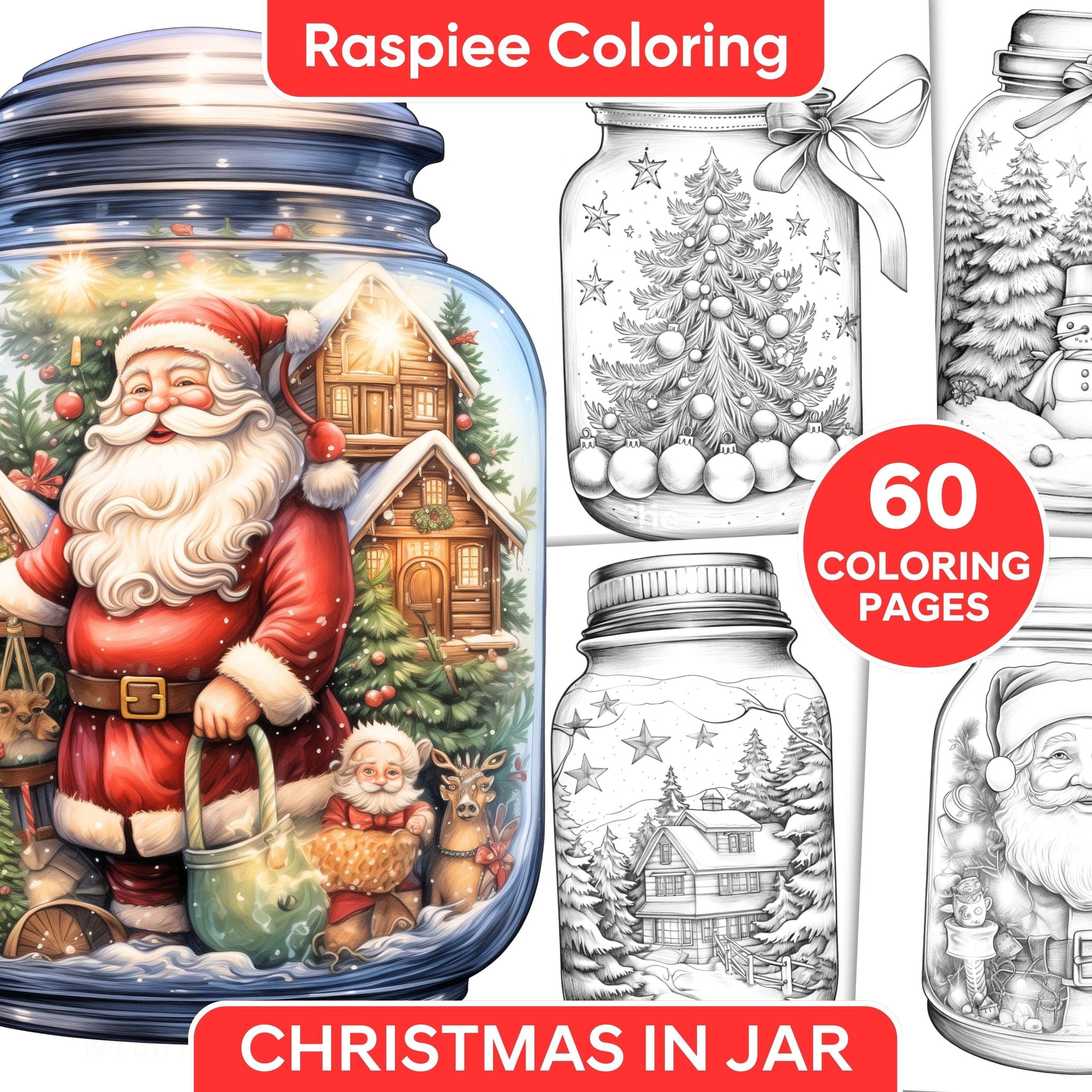 60 Christmas In Jar Grayscale Coloring Pages for Adults, Printable PDF