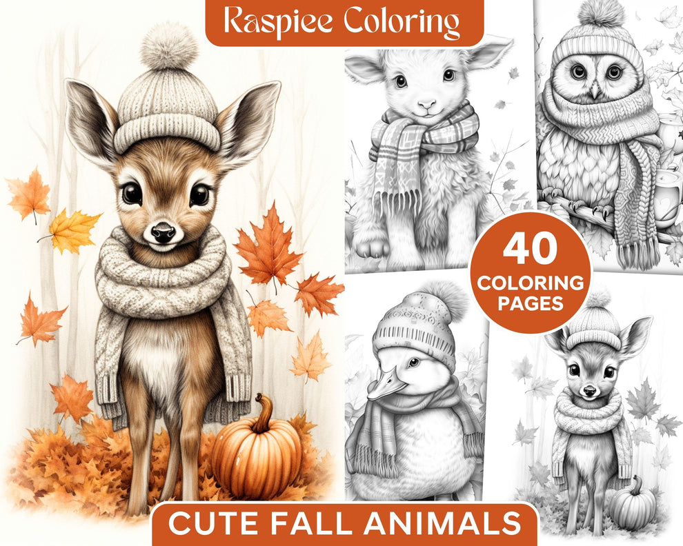 40 Cute Fall Animals Grayscale Coloring Pages Printable for Adults and