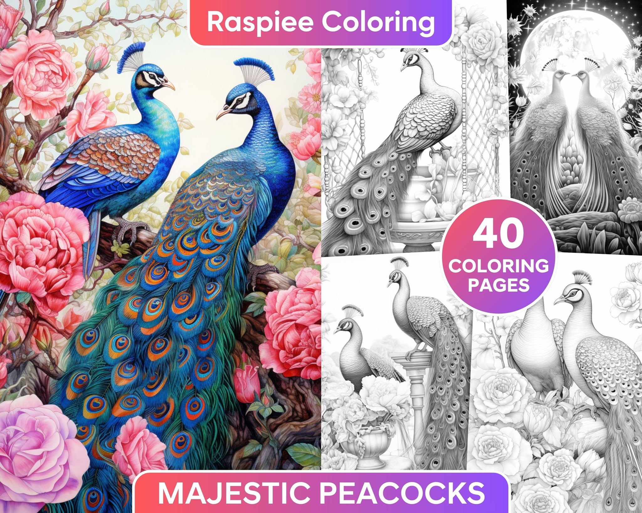 40 Majestic Peacocks Grayscale Adult Coloring Pages, Printable PDF Ins ...