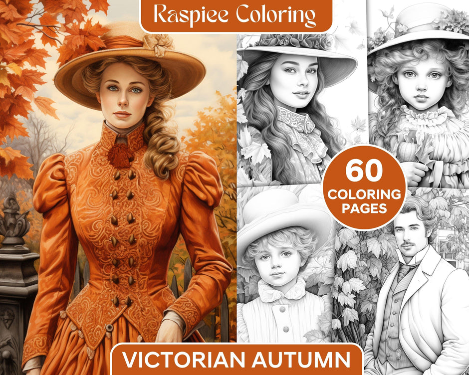 60 Victorian Autumn Portrait Grayscale Coloring Pages Printable for Ad