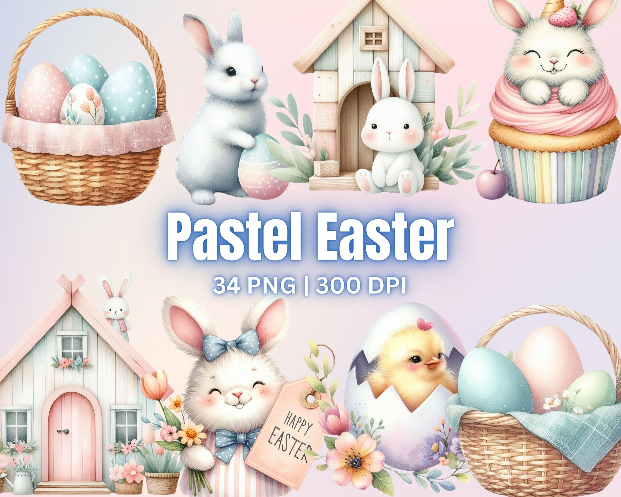 Charming Pastel Easter Clipart Bundle, 34 PNG High-Res Files for Comme ...