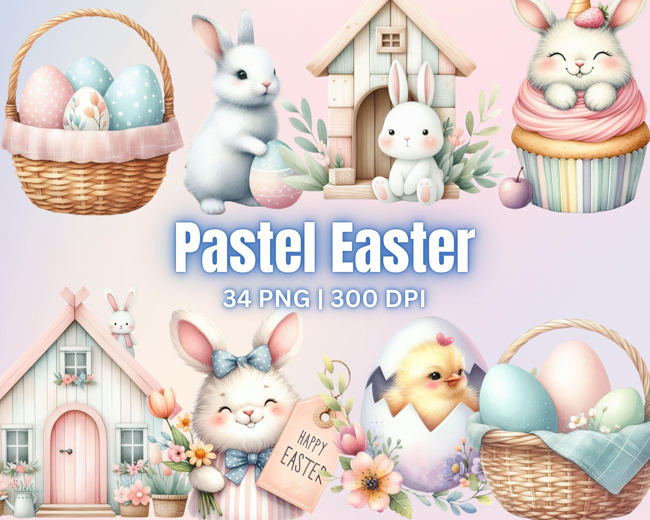 Charming Pastel Easter Clipart Bundle, 34 PNG High-Res Files for Comme ...