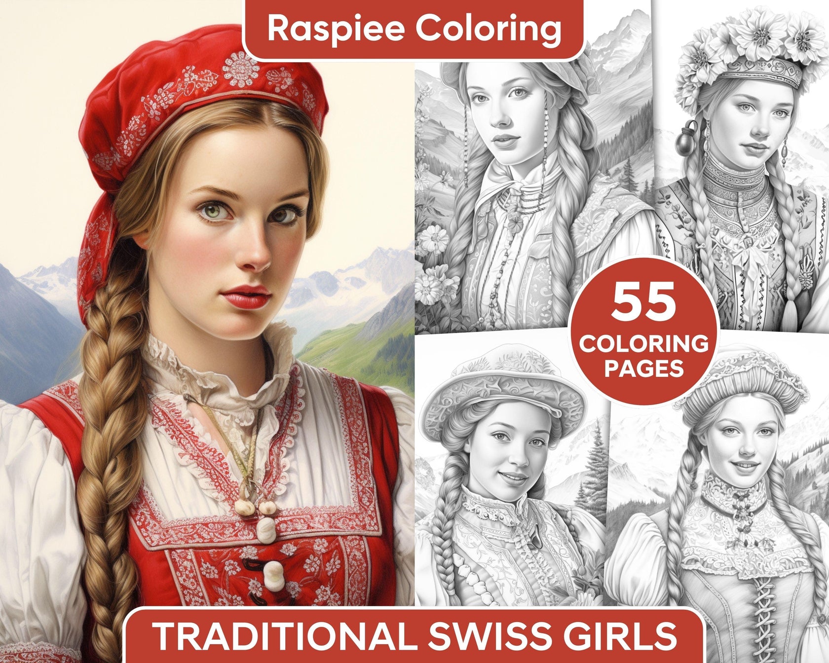 55 Traditional Swiss Girls Grayscale Adult Coloring Pages, Printable P ...