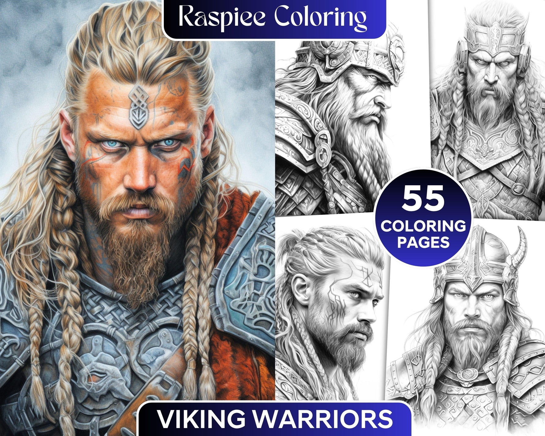 55 Viking Warriors Portrait Grayscale Coloring Pages Printable for Adu