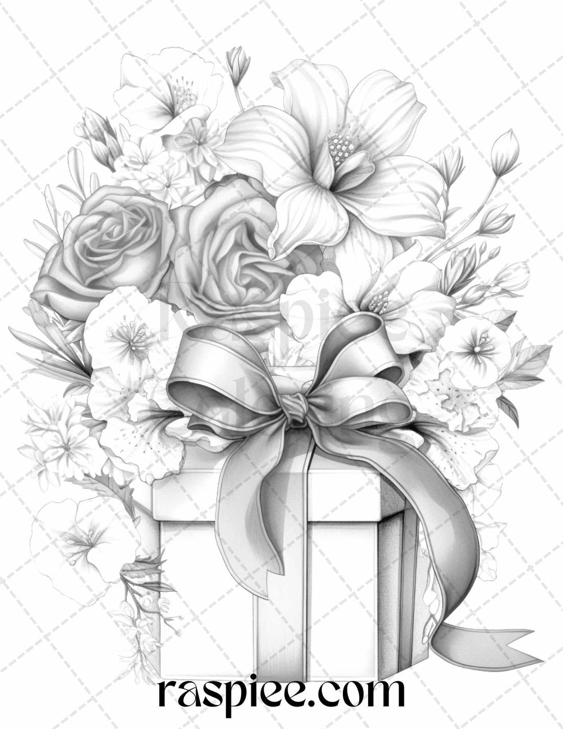 40 Flower Gift Box Grayscale Coloring Pages Printable for Adults Kids,