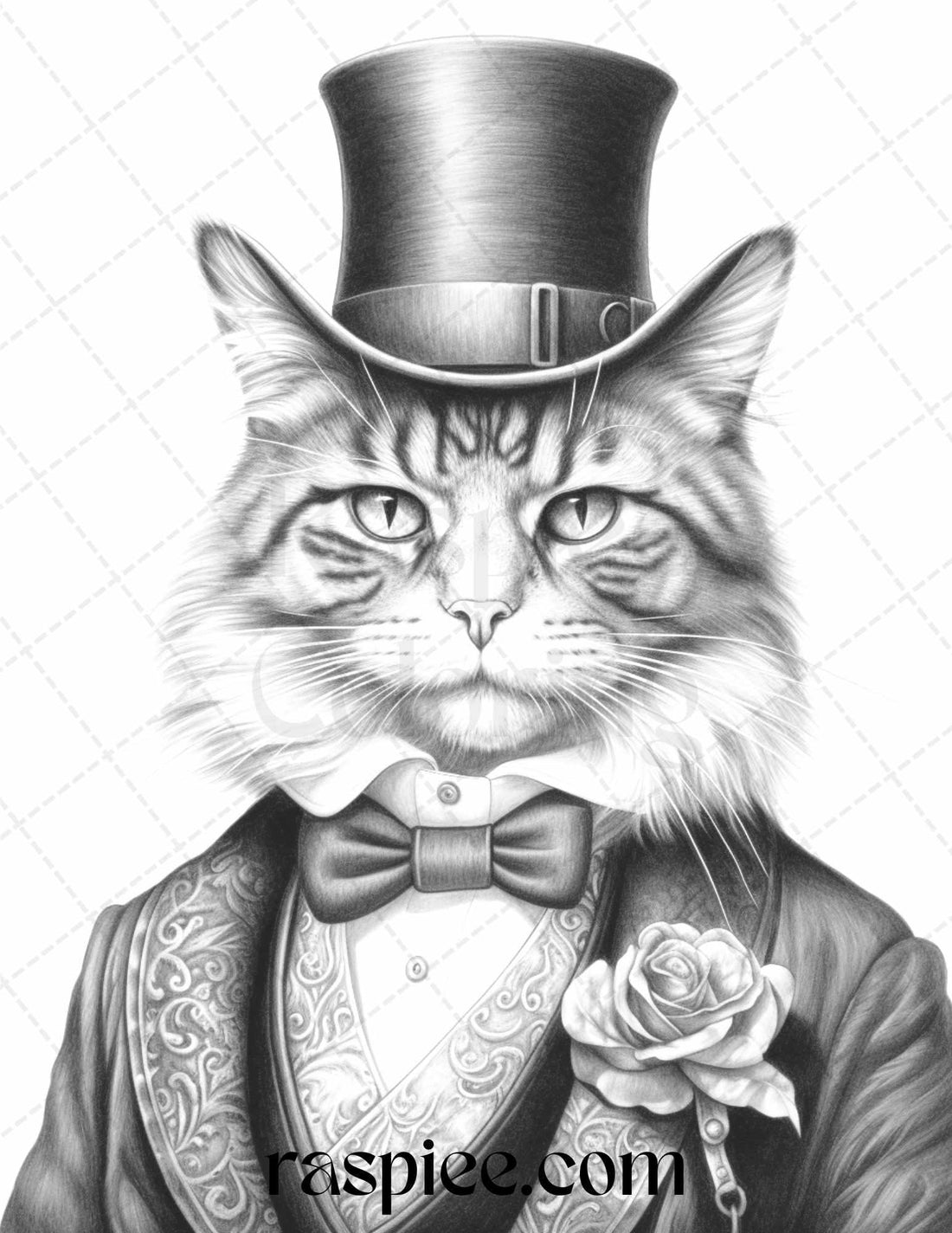 Gentleman Cat Grayscale Coloring Pages Printable for Adults Kids, PDF