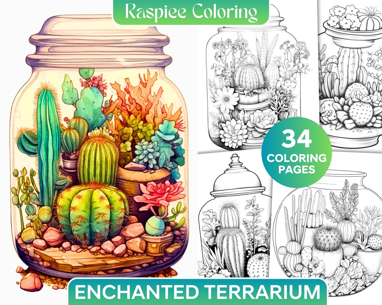 34 Enchanted Terrarium Grayscale Coloring Pages Printable for Adults,