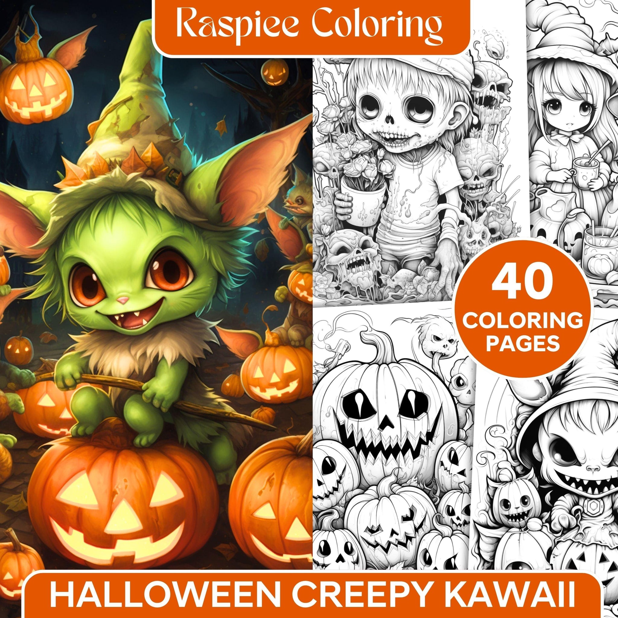 40 Halloween Creepy Kawaii Grayscale Coloring Pages for Adults and Kid